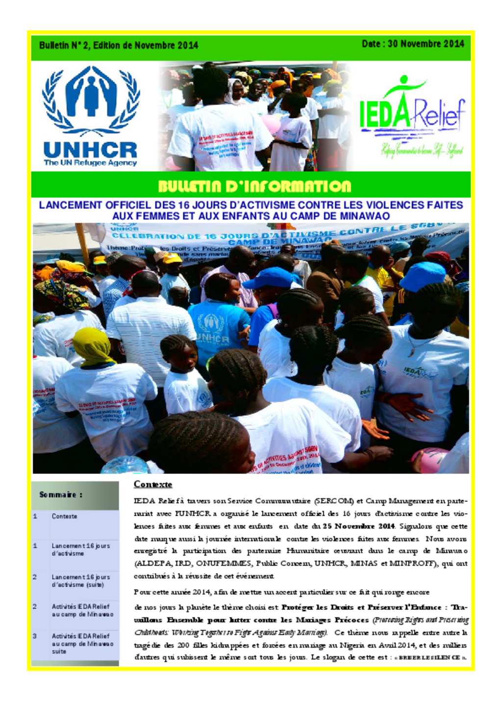 Document - Bulletin d'Information - IEDA Relief - Camp de Minawao (30 ...