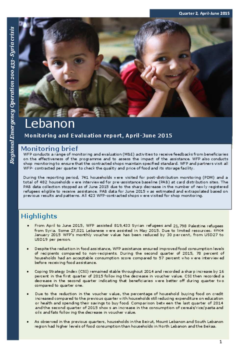 Document - WFP Lebanon Monitoring and Evaluation report - Quarter 2 2015