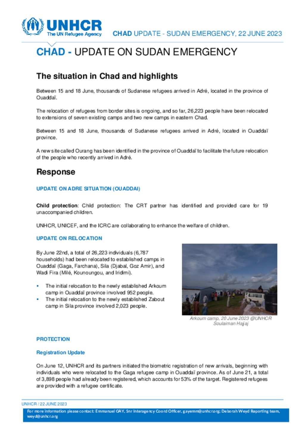 Document - UNHCR CHAD| UPDATE ON SUDAN EMERGENCY