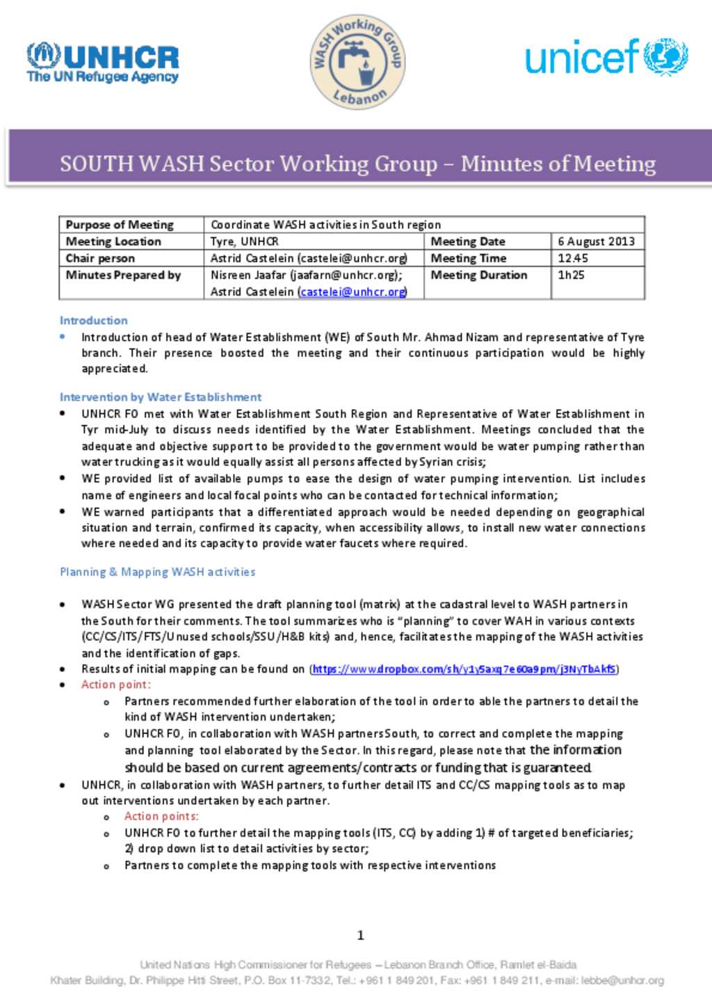 Document - UNHCR LBN WASH 2013-Aug-06 A4, MoM SOUTH WASH WG