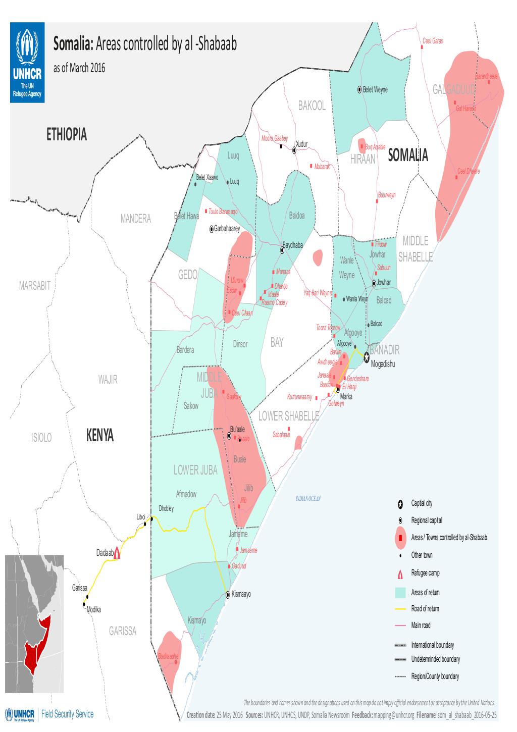 Document - Somalia - Areas controlled by al-Shabaad - March 2016